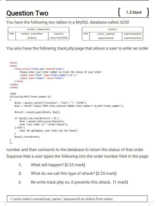 Solved 1.5 Mark Question I wo You have the following two | Chegg.com