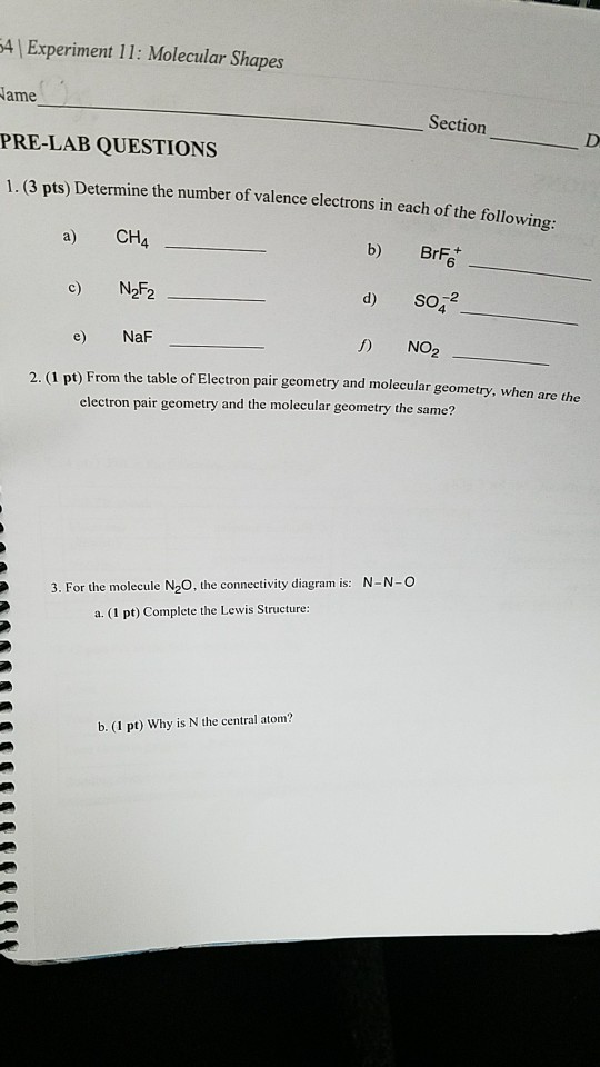 Solved 4 Experiment 11: Molecular Shapes ame Section PRE-LAB | Chegg.com