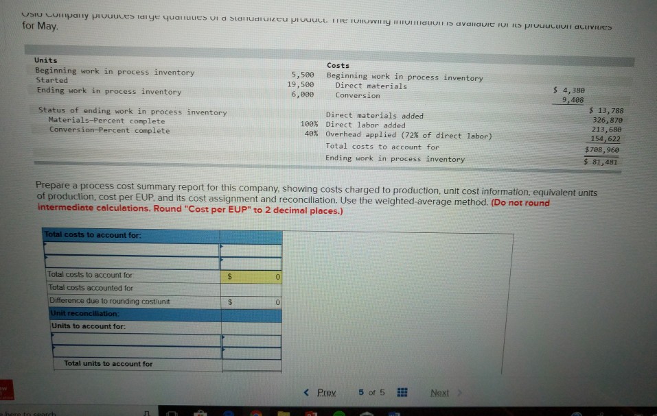 Solved for May. Costs Units Beginning work in process | Chegg.com