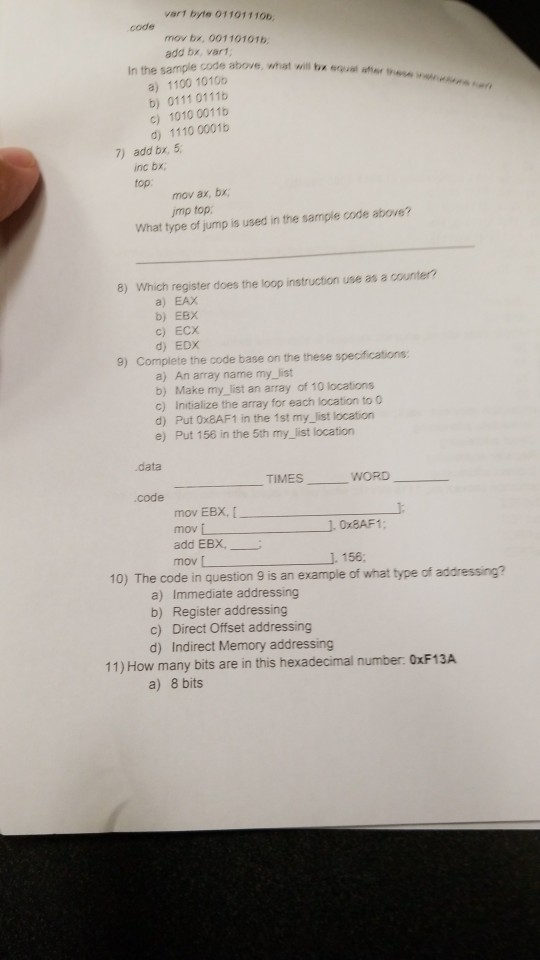 Solved vart byte 01101110 code mov bx, 00110101 add br, var1 | Chegg.com