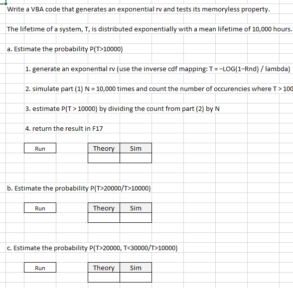 Write a VBA code that generates an exponential rv and | Chegg.com