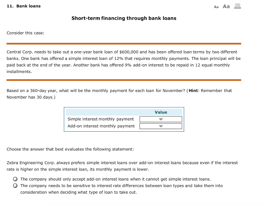 Solved 11. Bank loans Aa Aa Short-term financing through | Chegg.com