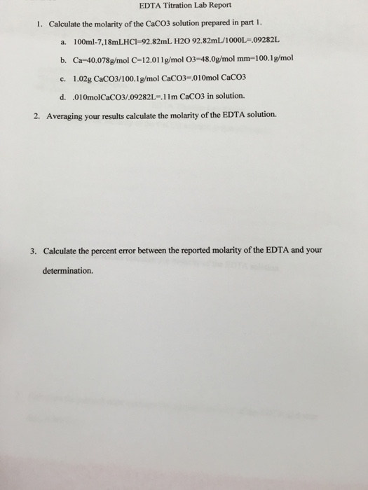 Solved 1. Calculate the molarity of the CaCO3 solution | Chegg.com