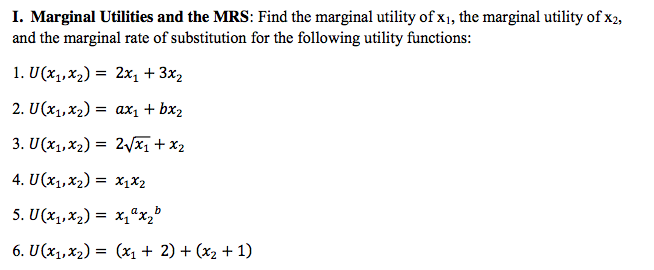 Solved I. Marginal Utilities and the MRS: Find the marginal | Chegg.com