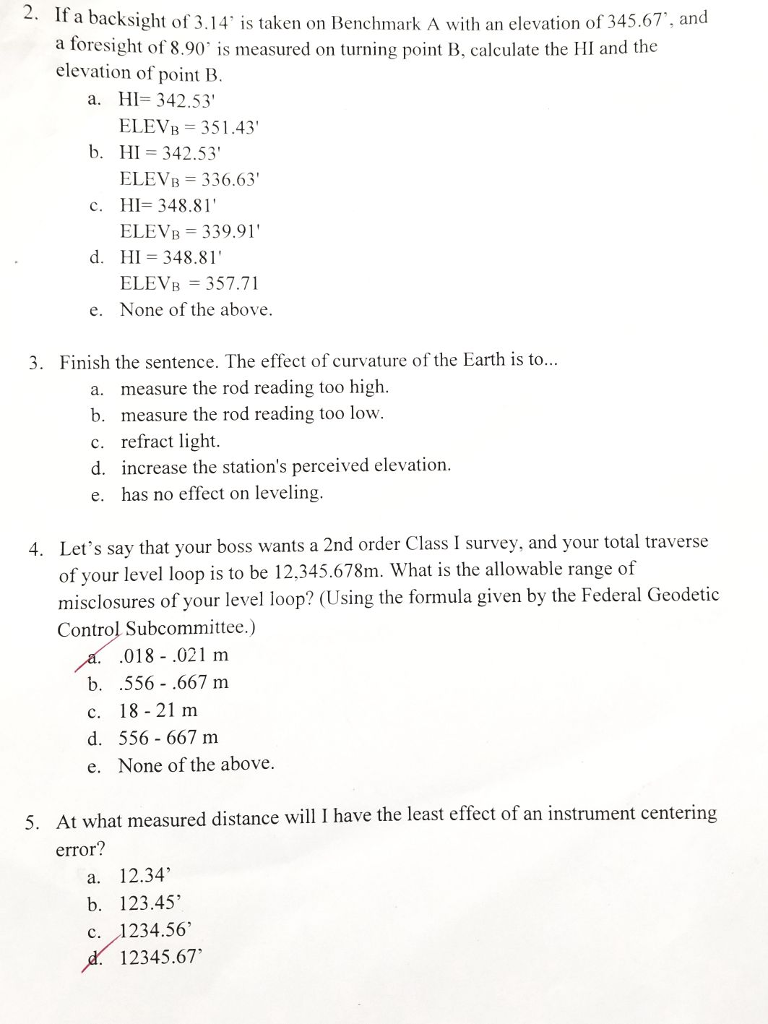Solved 2. If a backsight of 3.14' is taken on Benchmark A | Chegg.com